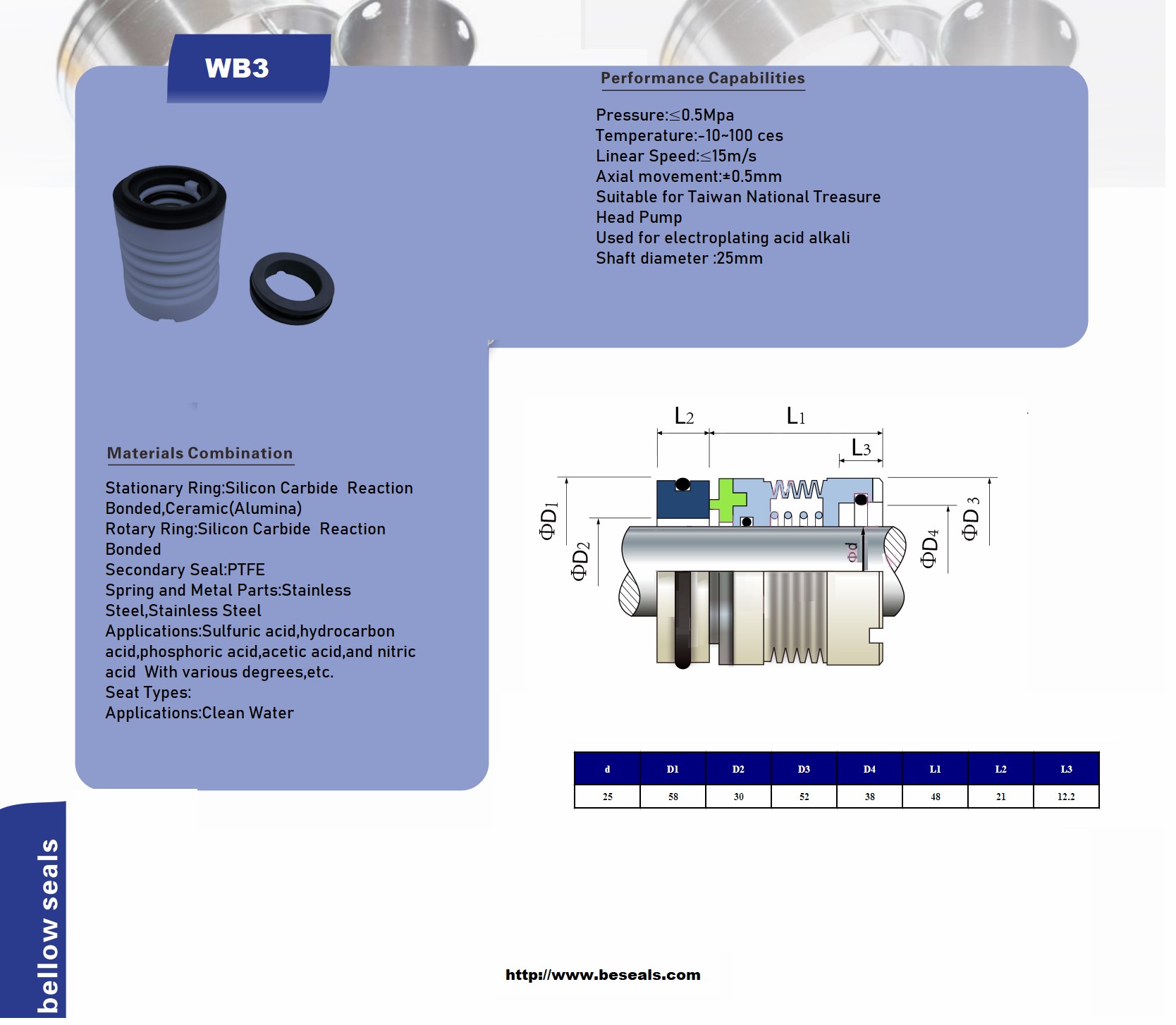 WB3-25mm PTFE Teflon Bellows Mechanical seals For Corrosion resistant Chemical Pumps